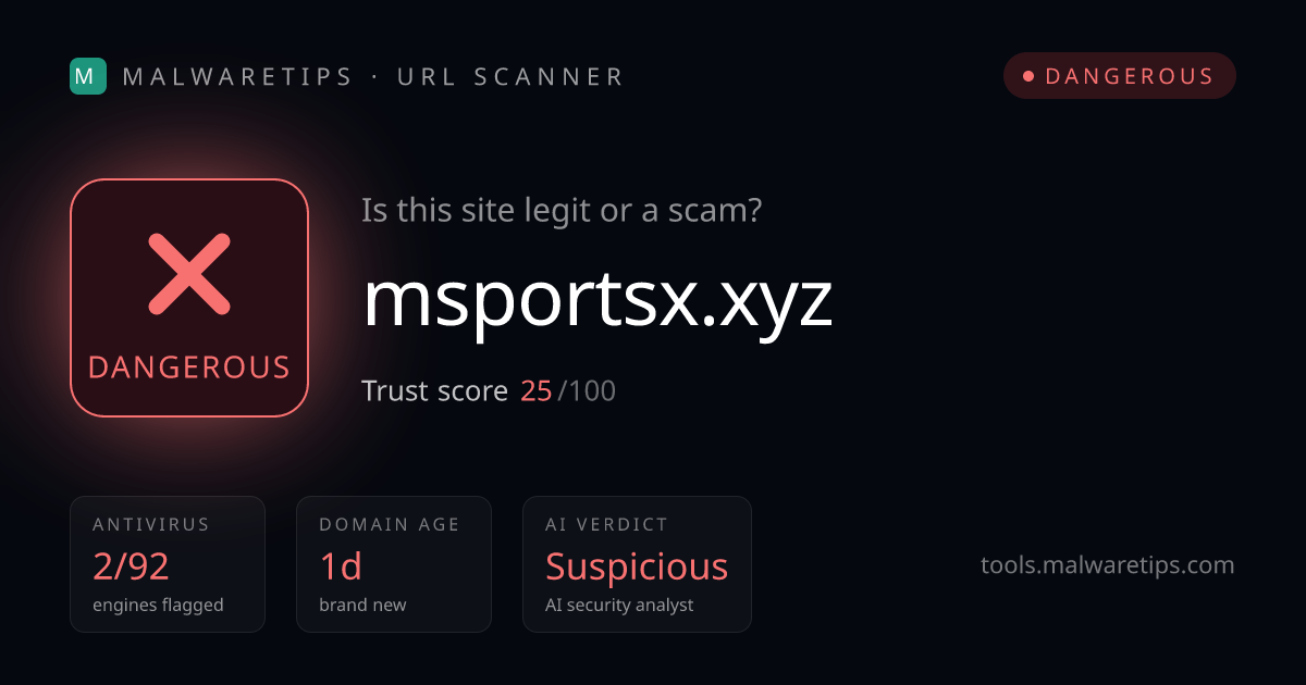 Msportsx.xyz: Scam or Legit? See Our Full Safety Report · MalwareTips Tools